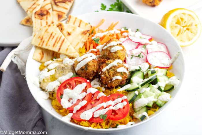 Falafel Bowls with Homemade Falafel, Turmeric Rice and Tzatziki Sauce ...