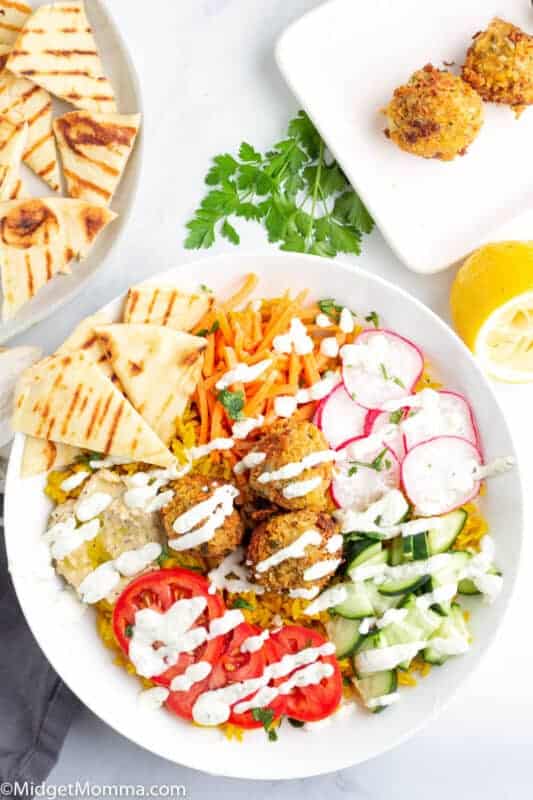 Falafel Bowls with Homemade Falafel, Turmeric Rice and Tzatziki Sauce ...