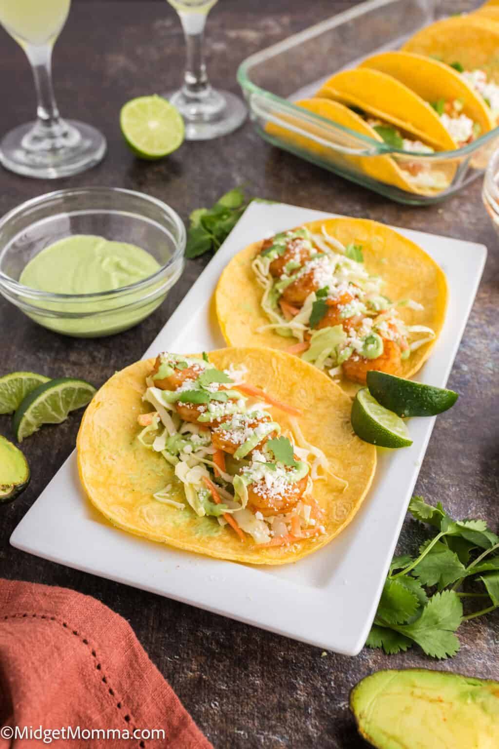 Shrimp Tacos with Avocado Crema Recipe • MidgetMomma